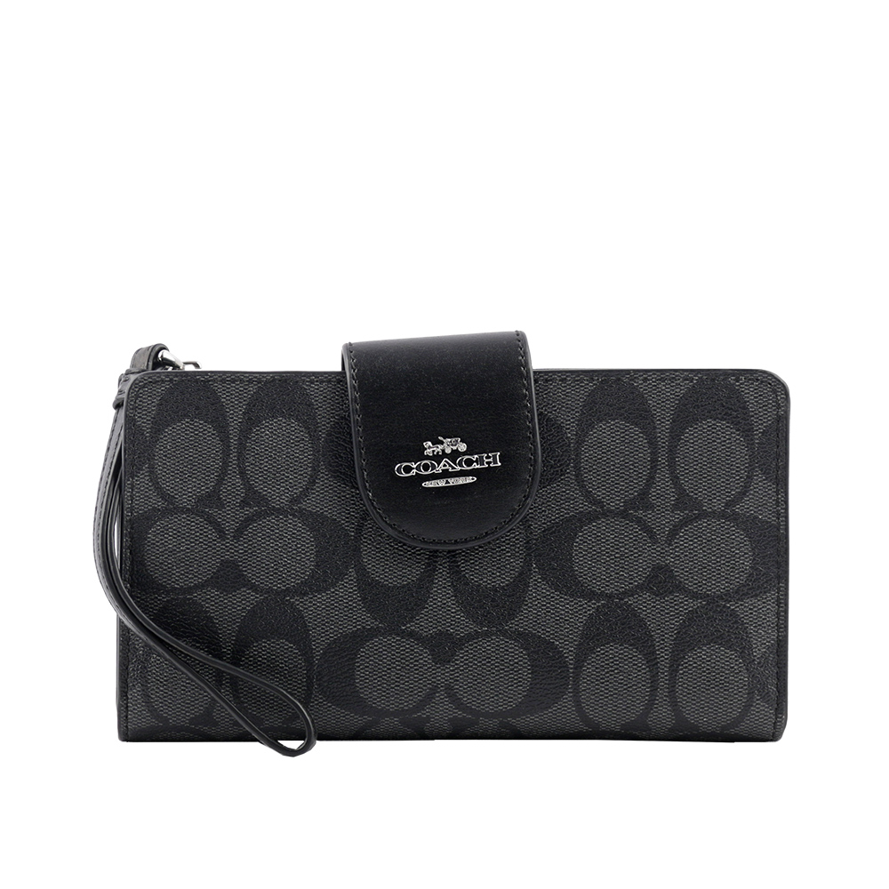 【COACH】PVC皮革馬車Logo壓釦中夾(附提把)(石墨黑) 平行輸入 | 誠品線上