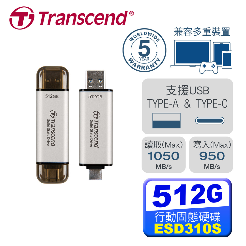Transcend 創見 ESD310S 512G USB3.2 Type A+C 雙介面行動固態硬碟-極光銀 (TS512GESD310S ...