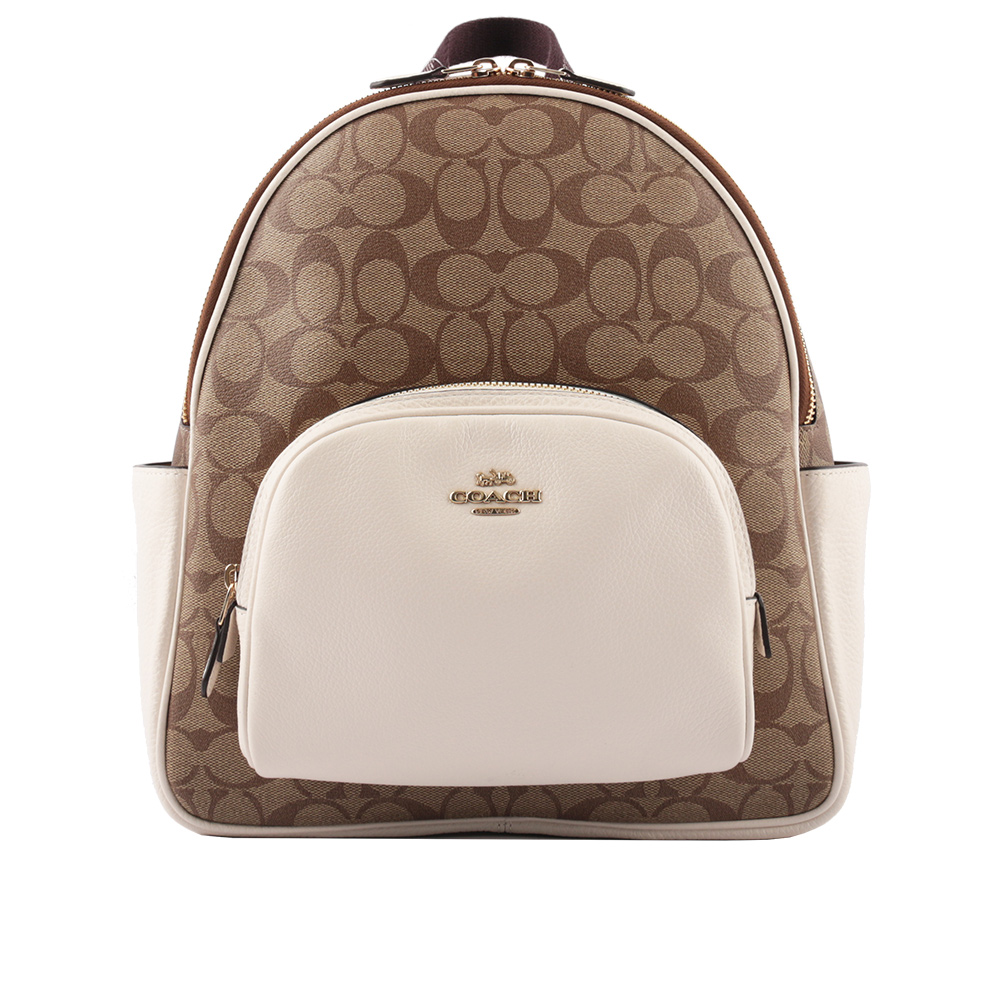【COACH】Court 塗層帆布拚荔枝皮革口袋後背包(卡其 白色) 平行輸入 | 誠品線上