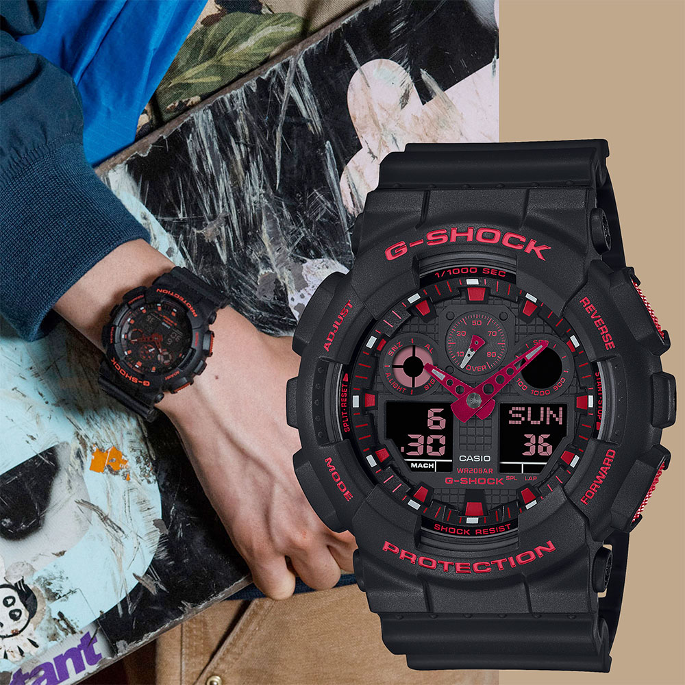CASIO 卡西歐 G-SHOCK 火焰紅黑雙顯手錶 GA-100BNR-1A | 誠品線上