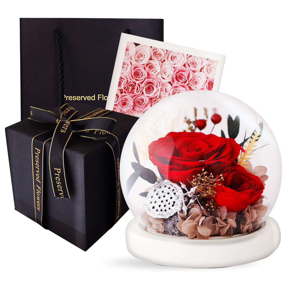 O'Pretty 歐沛媞 心意滿分 永生花祝福玻璃罩附氛圍燈+禮盒(15.4X15.4X15.8cm)-紅玫瑰 | 誠品線上
