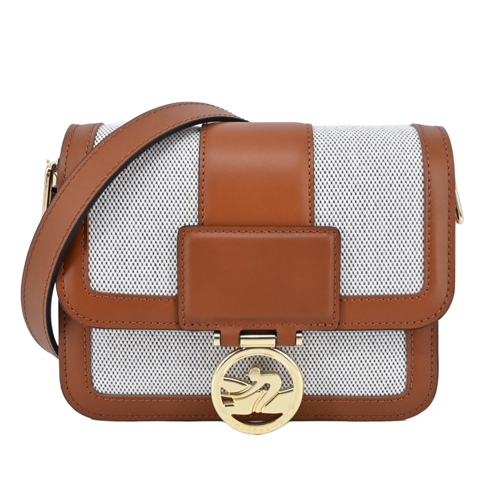 LONGCHAMP BOX-TROT系列小牛皮帆布拼接金屬LOGO翻蓋斜背包(小 白蘭地酒) 平行輸入 | 誠品線上